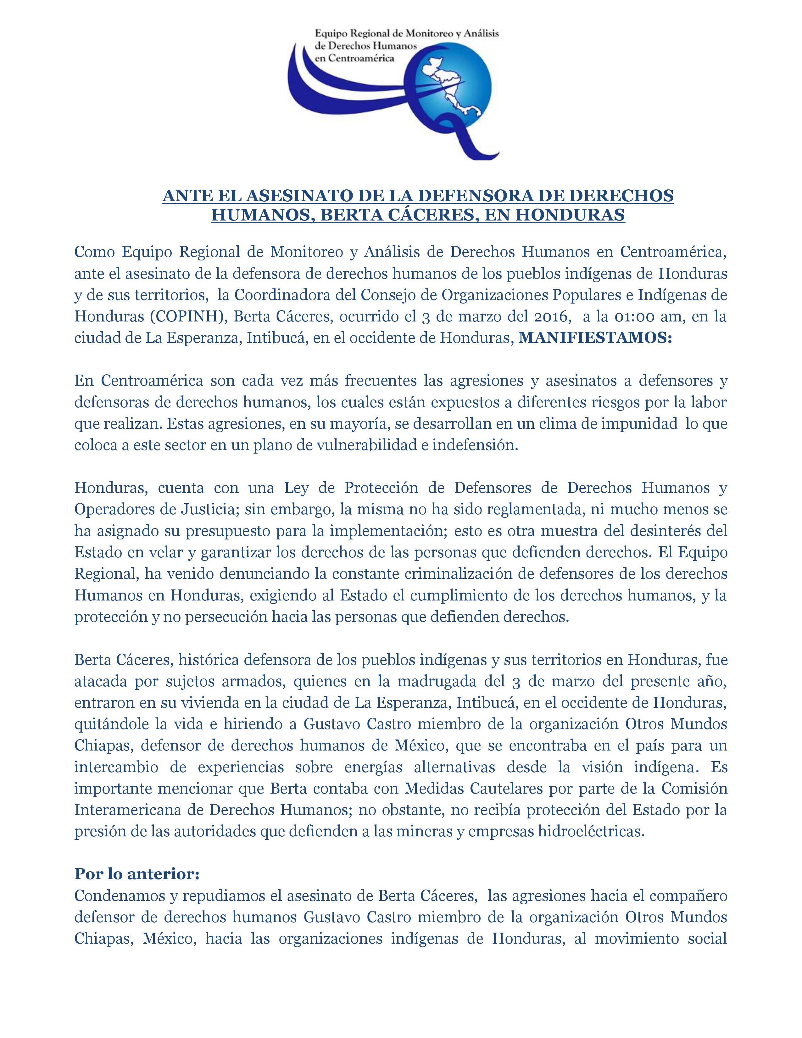 Comunicado Ante El Asesinato De La Defensora De Derechos Humanos